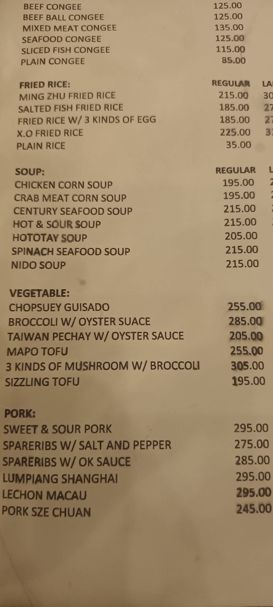 Menu at Ming Zhu restaurant, Cauayan City