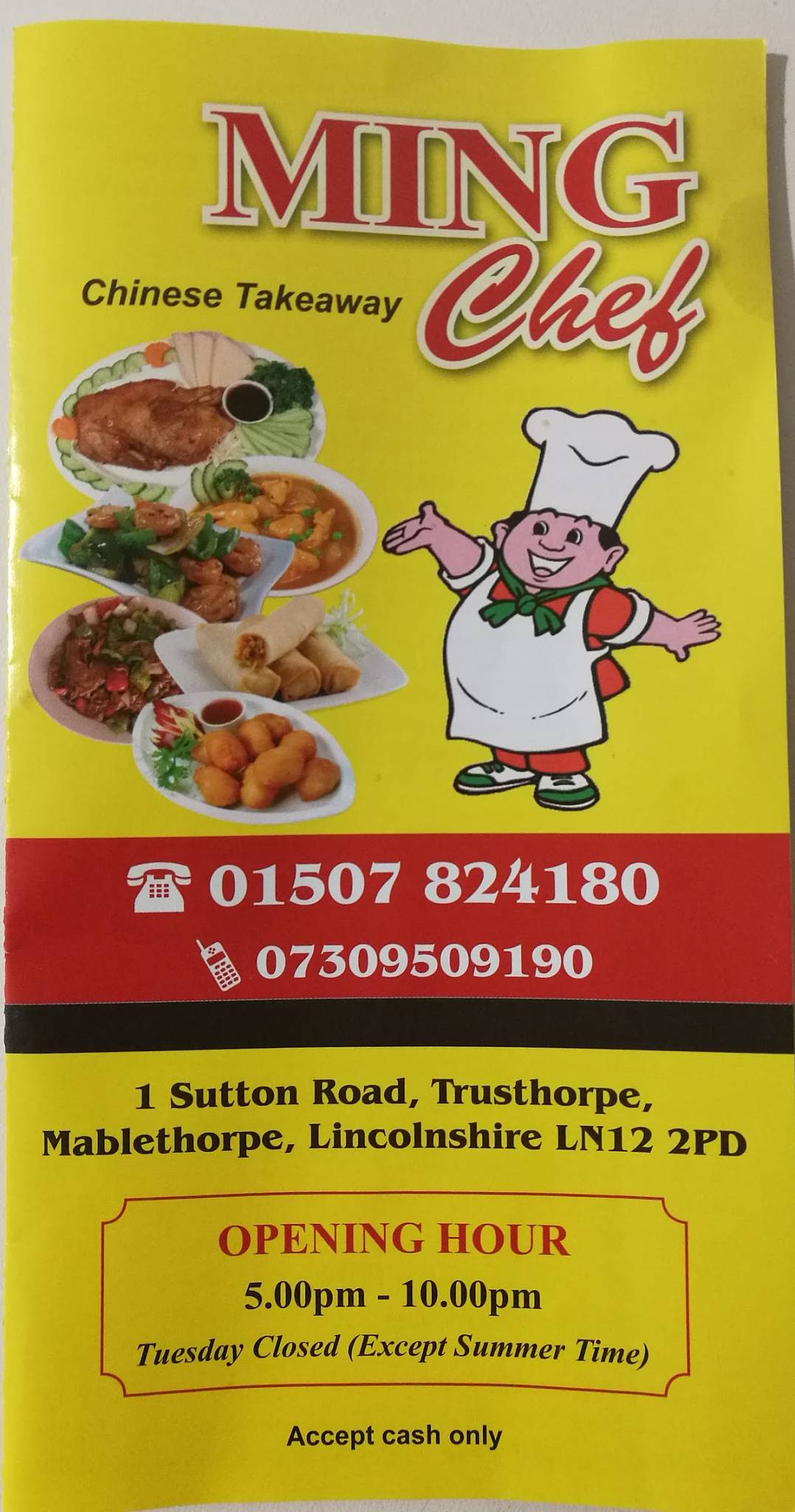 Menu at Ming chef Chinese takeaway restaurant, Mablethorpe