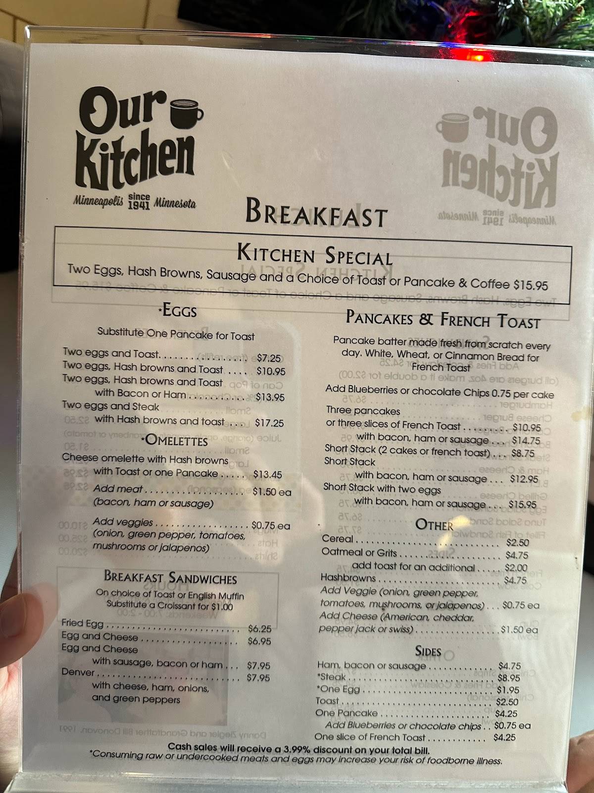 Menu at Our Kitchen restaurant, Minneapolis