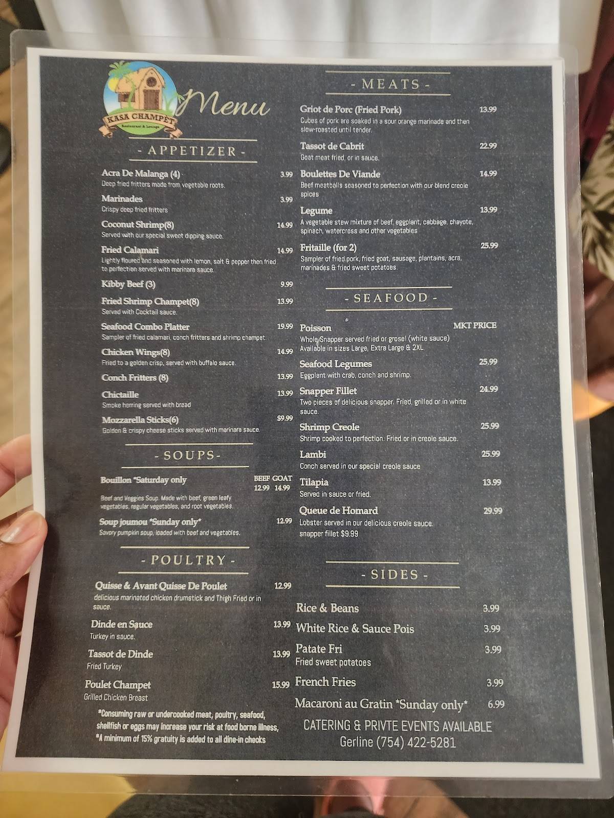 Carta de Kasa Champet Restaurant and Lounge, Pembroke Pines