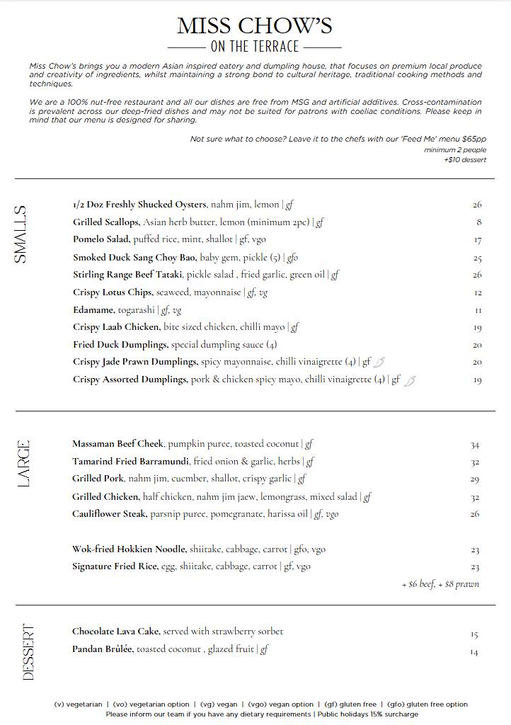 Menu at Miss Chow's on the Terrace pub & bar, Perth