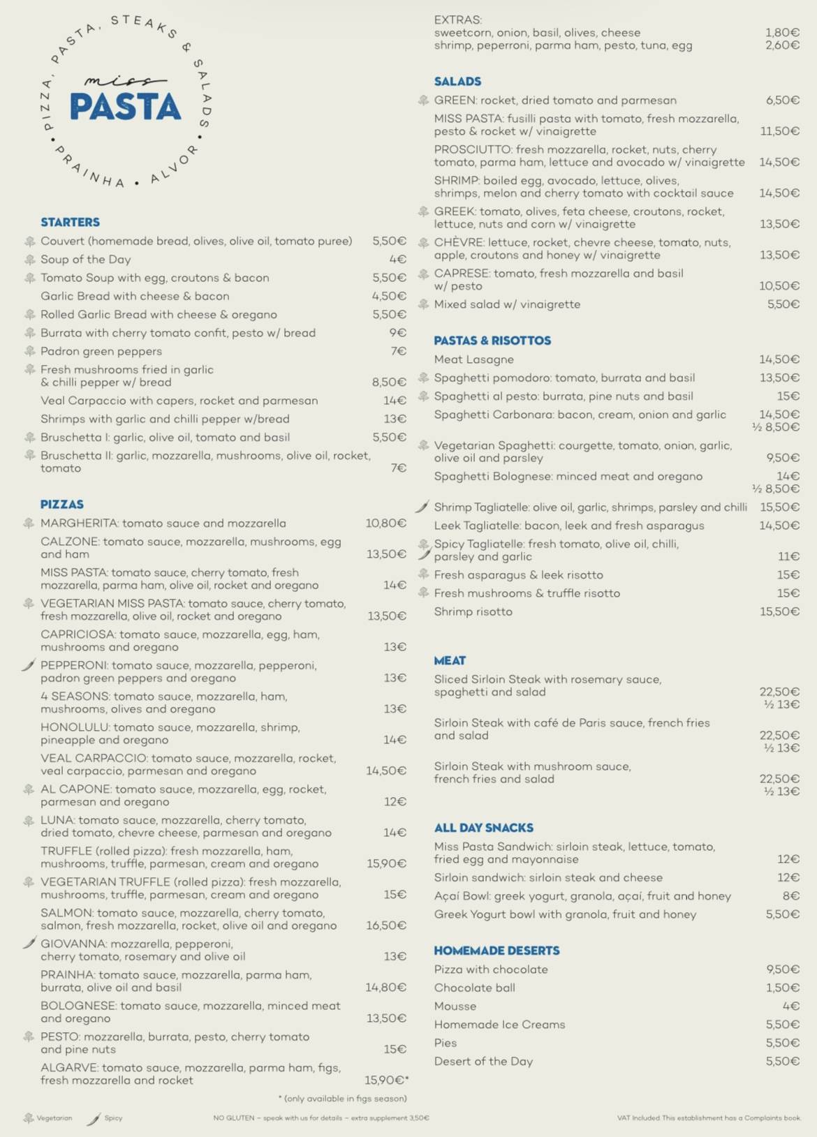 Menu at Miss Pasta restaurant, Alvor, Aldeamento Prainha Club