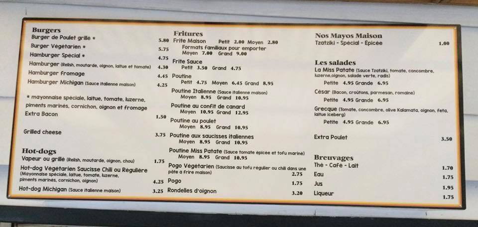 Carta del restaurante Miss Patate, Canada