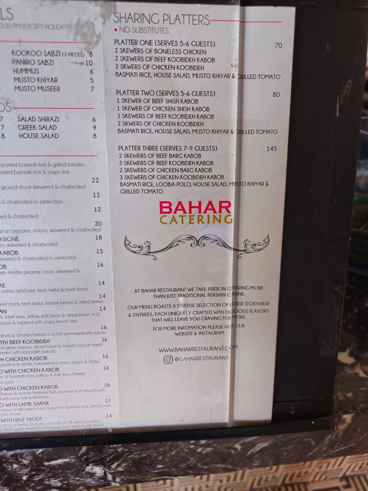 Menu at Bahar Restaurant, Mission Viejo