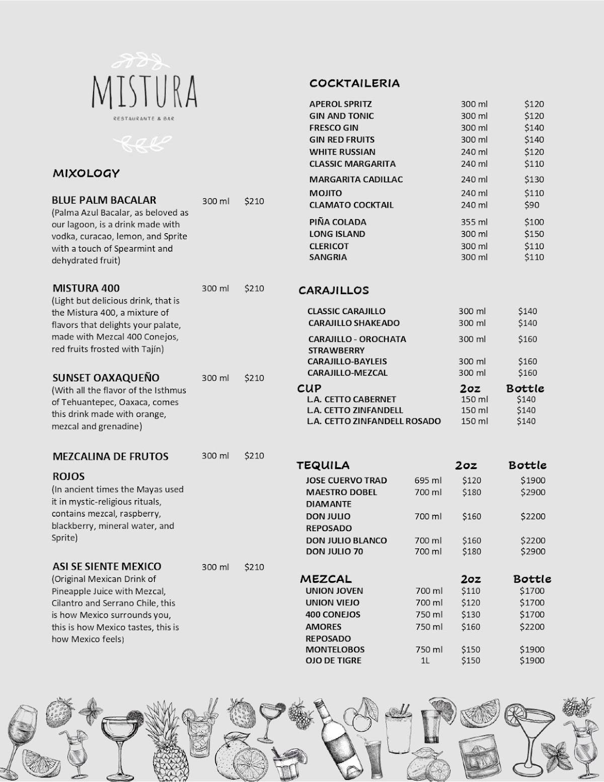 Carta del restaurante Mistura, Bacalar