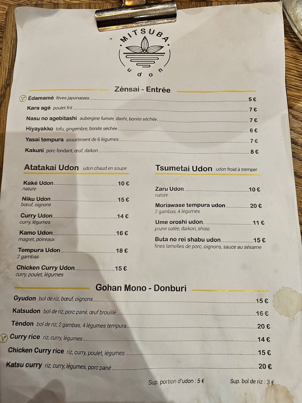 Carta del restaurante Mitsuba, Grenoble