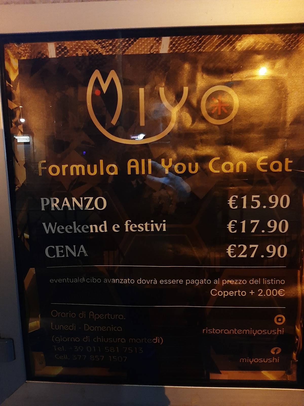 Menu at Miyo Sushi restaurant, Turin, Via Paolo Sacchi