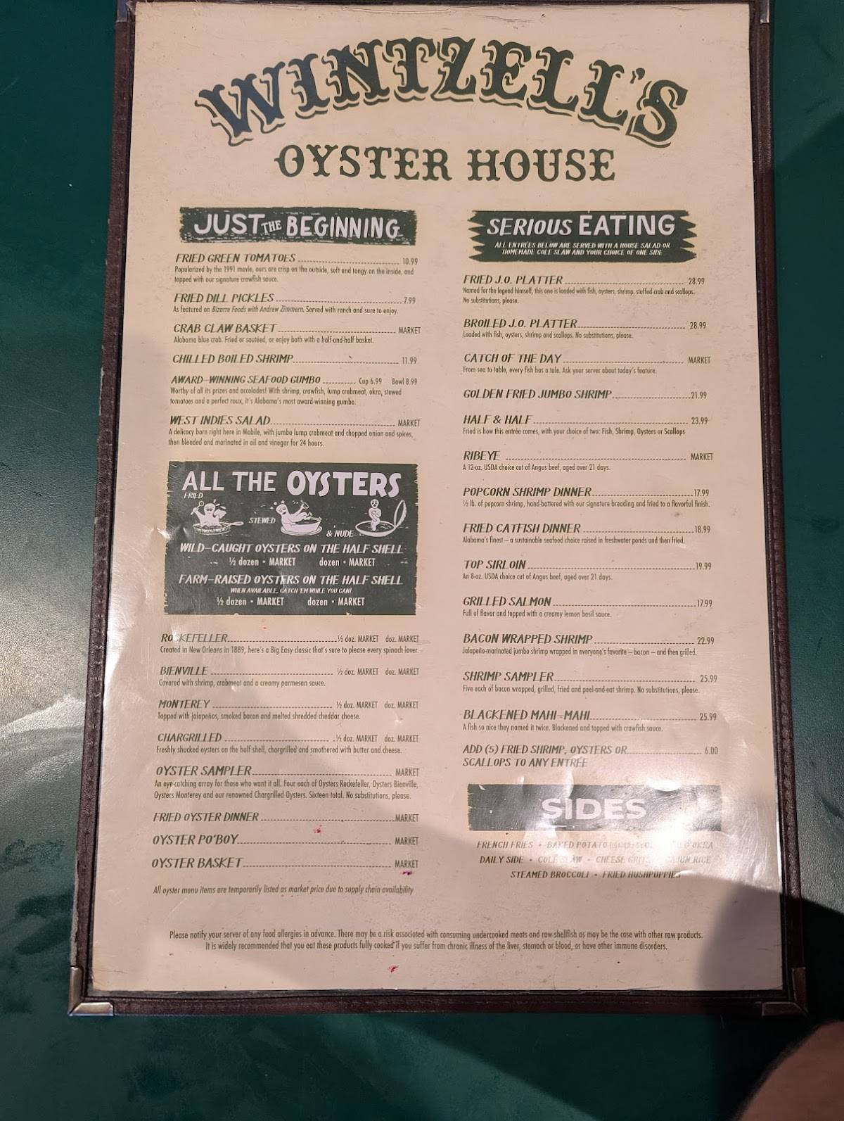 Menu at Wintzell's Oyster House restaurant, Mobile, 605 Dauphin St
