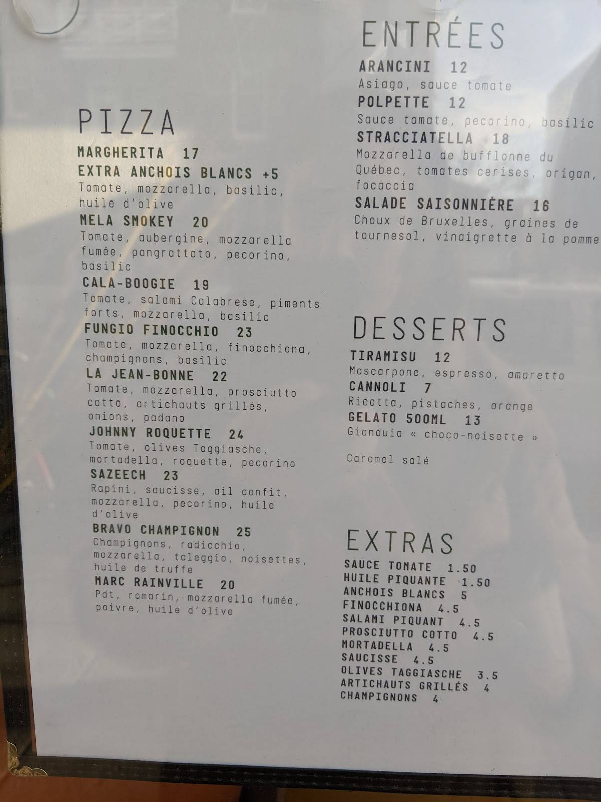 Carta de pizzería Moccione Pizza, Montréal