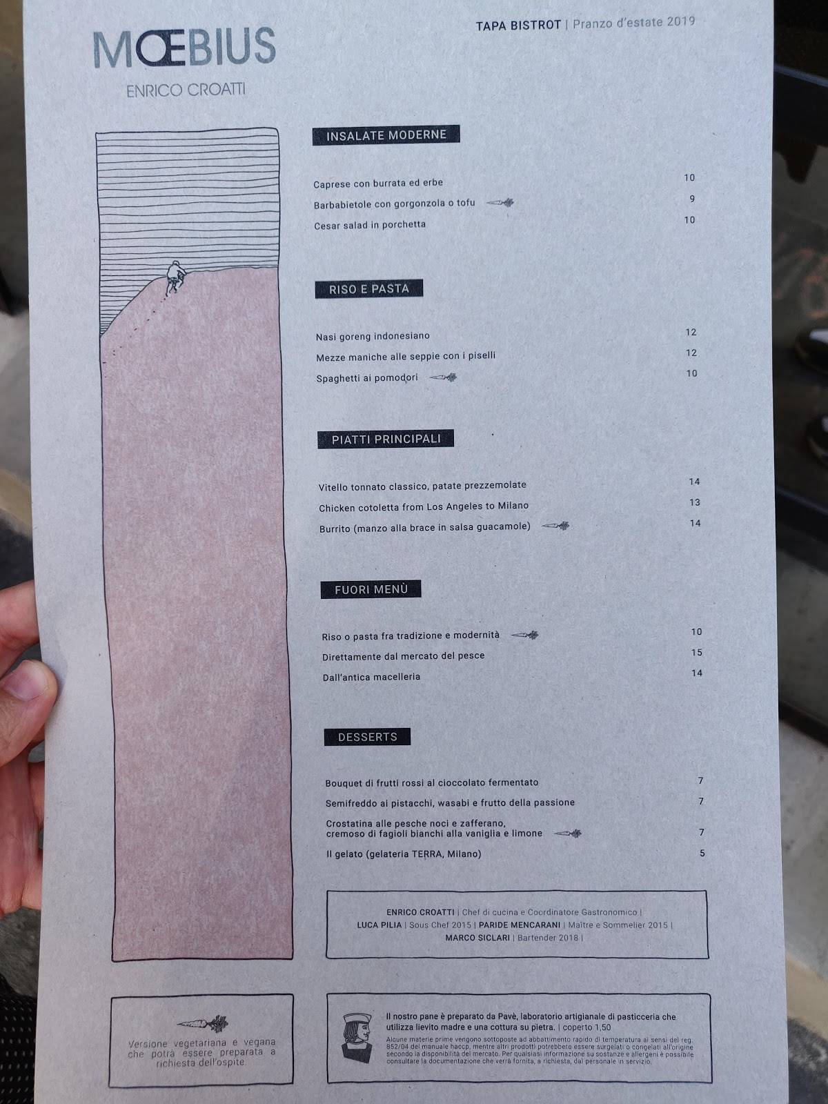 Menu at Moebius Milano restaurant, Milan