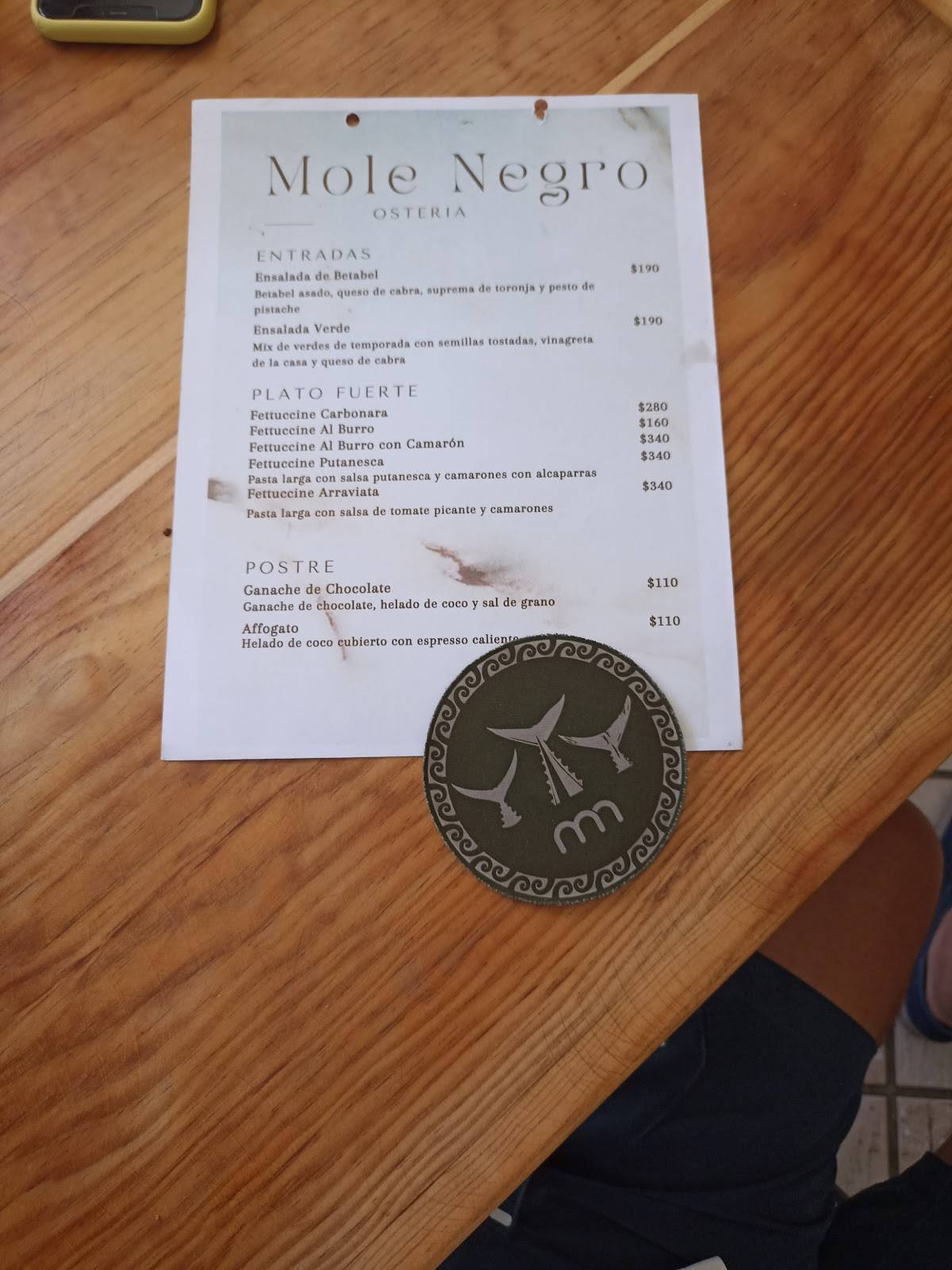Carta del restaurante Mole Negro, Zihuatanejo
