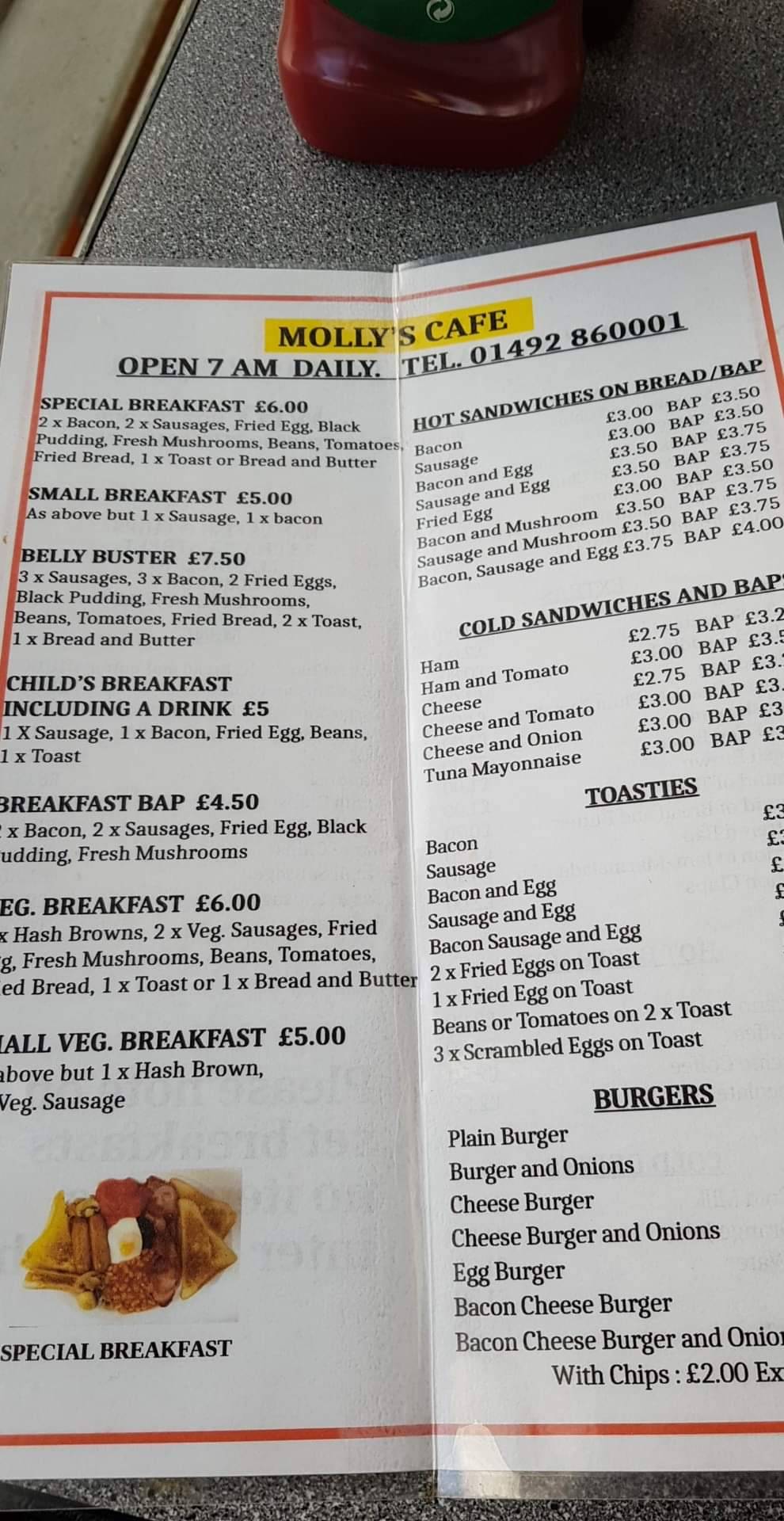 Menu at Molly's Cafe, Llandudno