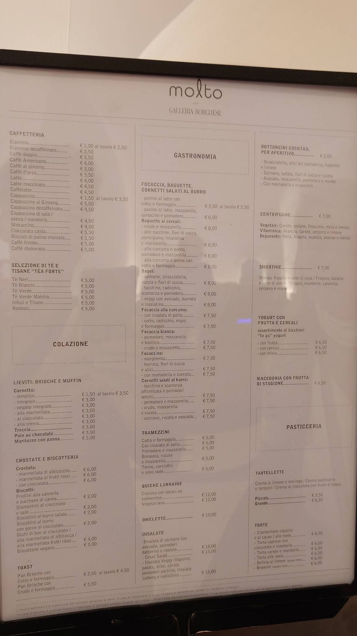 Menu da Molto alla Galleria Borghese ristorante, Roma