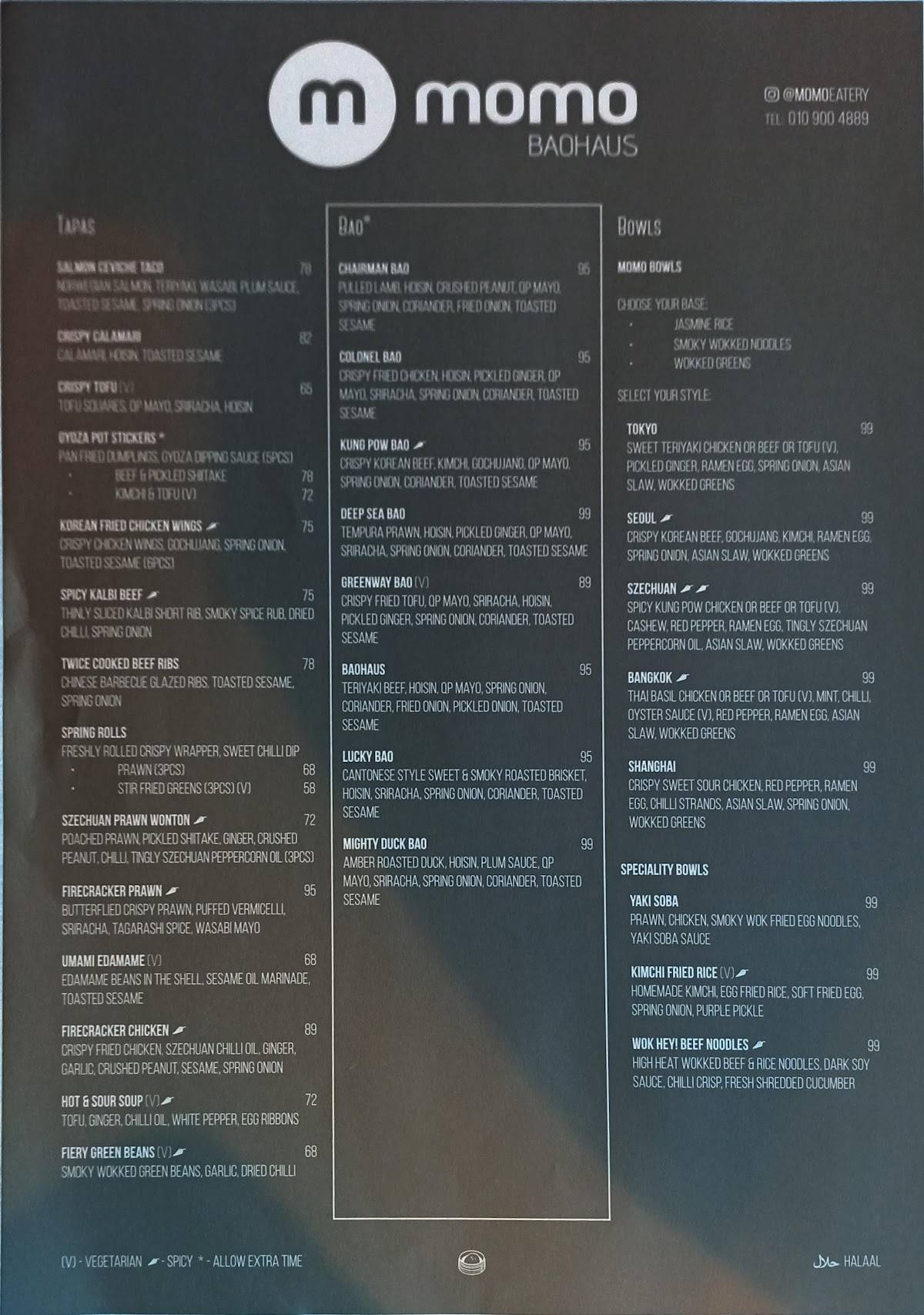 Menu at Momo Baohaus restaurant, Randburg