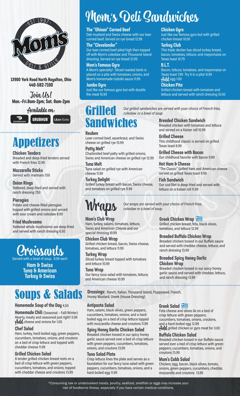 Menu at Mom's Deli & Grille restaurant, North Royalton, York Rd
