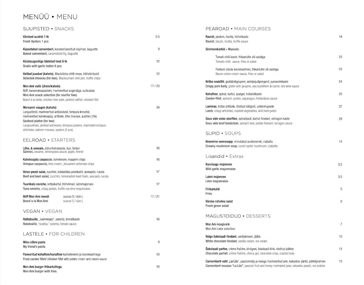 Menu at Mon Ami restaurant, Pärnu