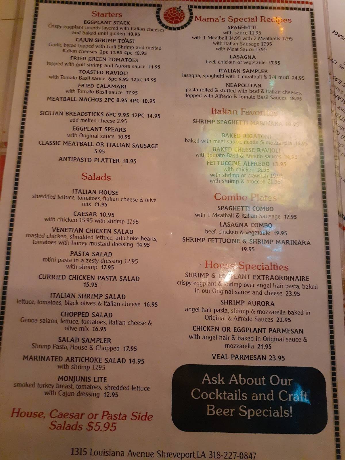 Menu at Monjunis Italian Cafe & Grocery, Shreveport, Louisiana Ave