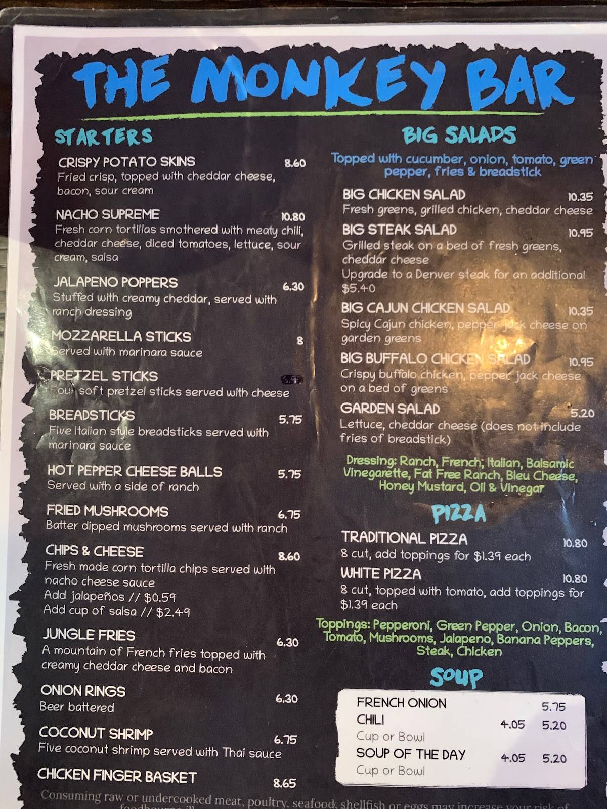 Menu at Monkey Bar, Pittsburgh