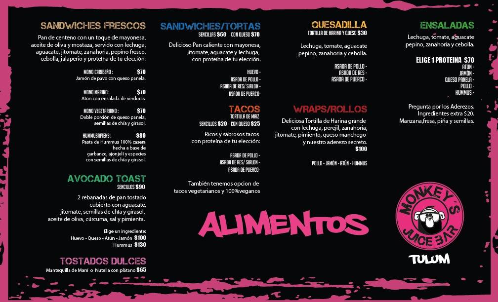 Menu at Monkey Juice Bar Tulum Boca Paila, Tulum