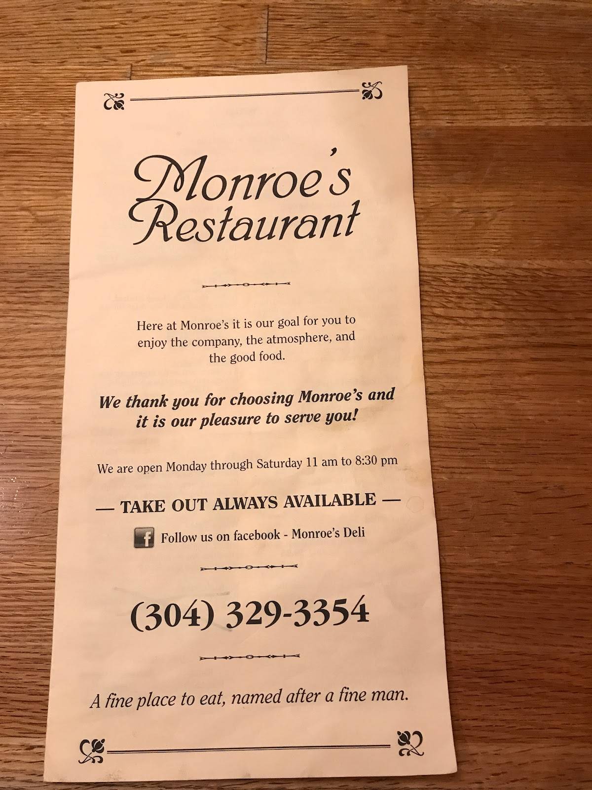 Menu at Monroe's steakhouse, Kingwood