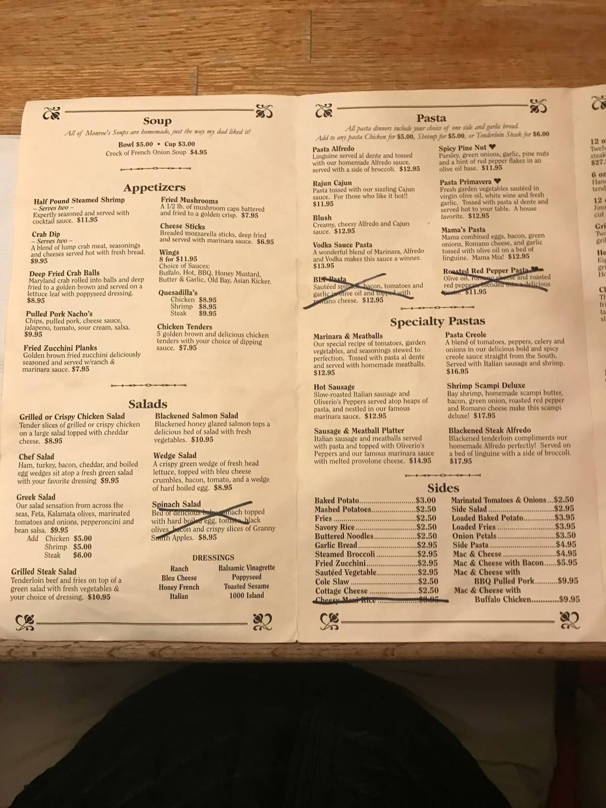 Menu at Monroe's steakhouse, Kingwood