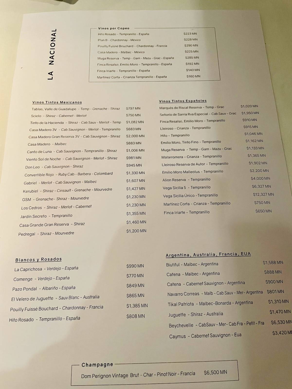 Carta del restaurante La Nacional, Monterrey, Avenida San Jeronimo #1106