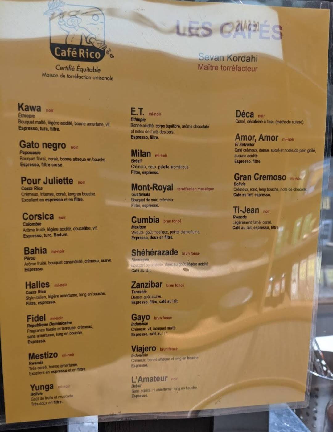 Menu at Café Rico, Montréal