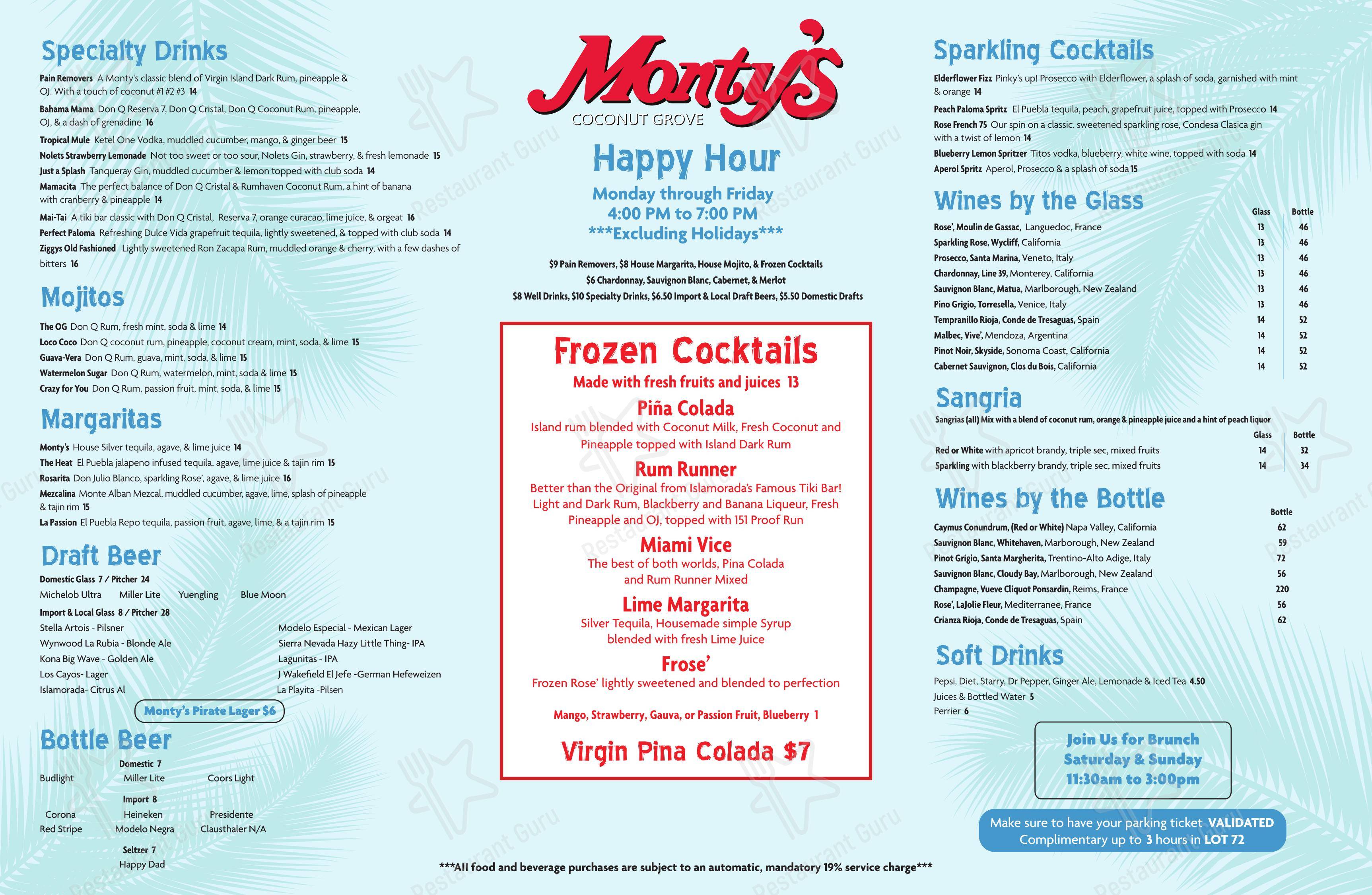 Menu at Monty's Coconut Grove pub & bar, Miami