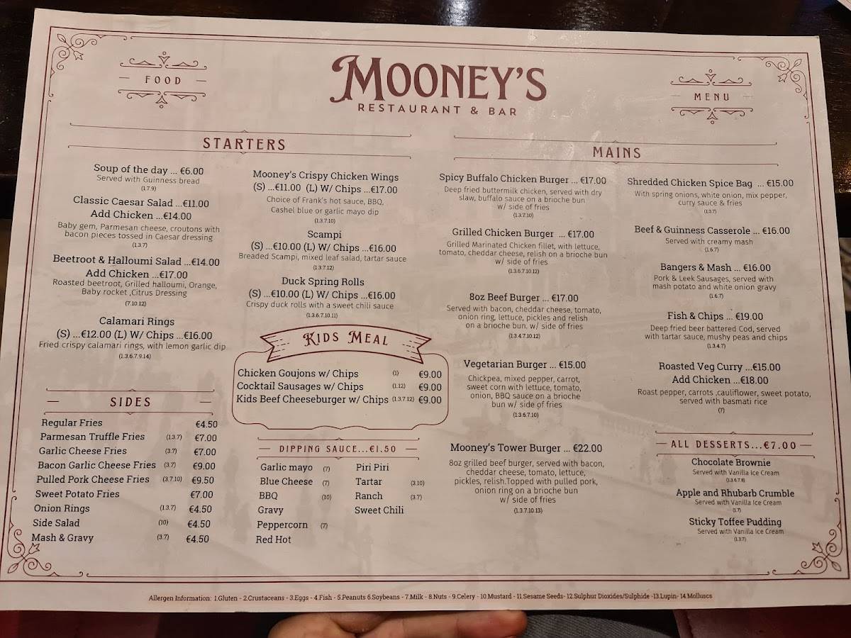Menu at Mooney's Bar & Restaurant, Dublin, 4 Abbey Street Lower