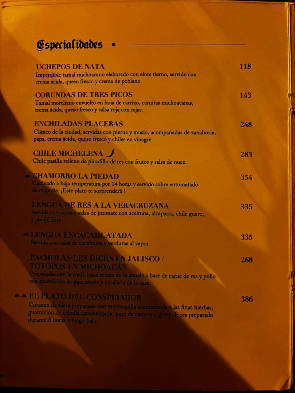 Carta del restaurante La Conspiración del 1809, Morelia