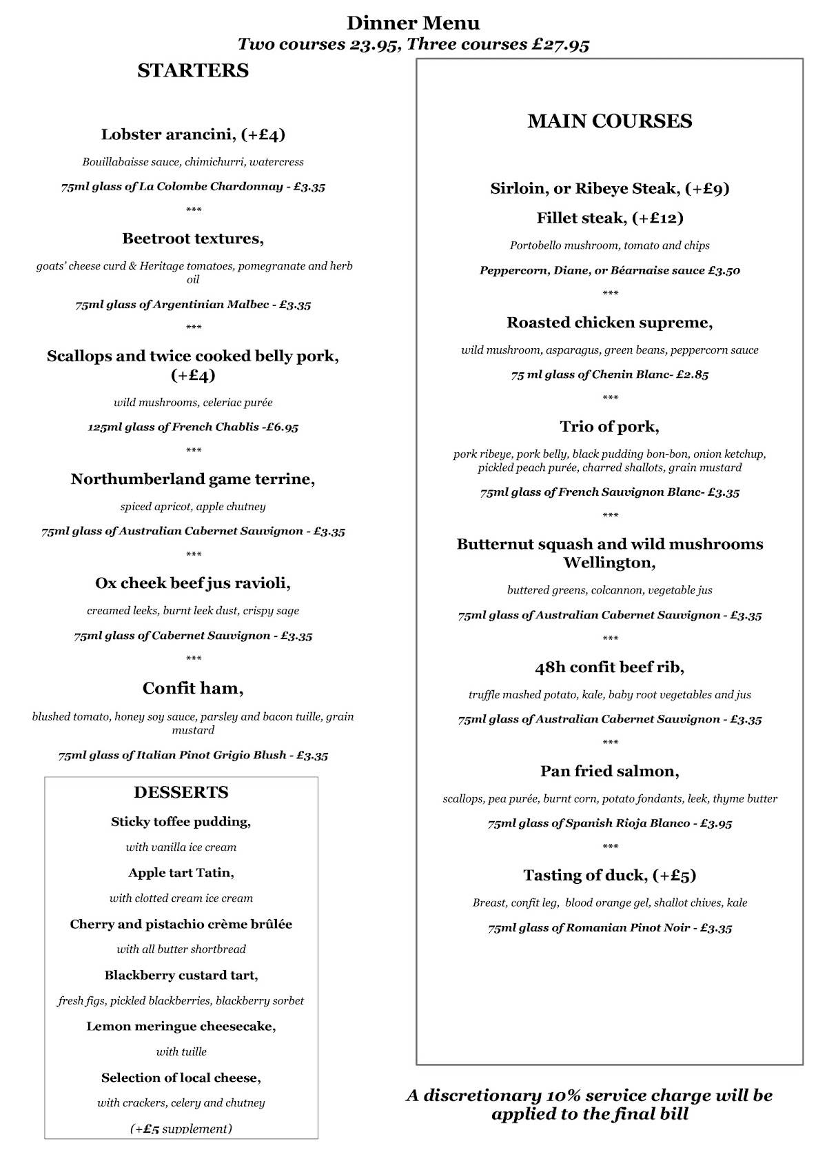 Menu at The Townhouse restaurant, Morpeth