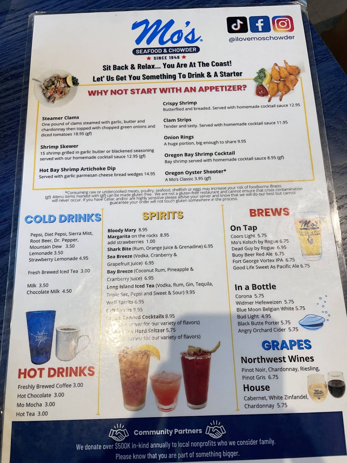 Menu at Mo's Seafood & Chowder - Cannon Beach restaurant, Cannon Beach