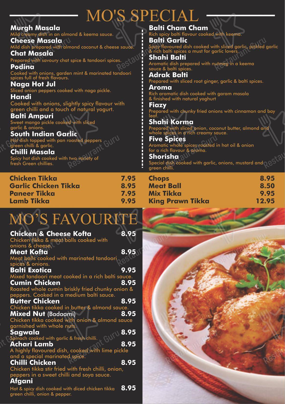 Menu at Mo's Tandoori, Oldham