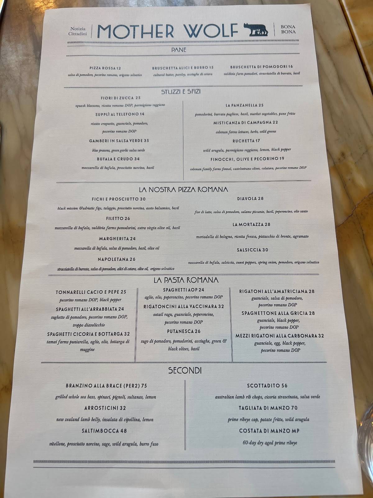 Menu at Mother Wolf restaurant, Los Angeles