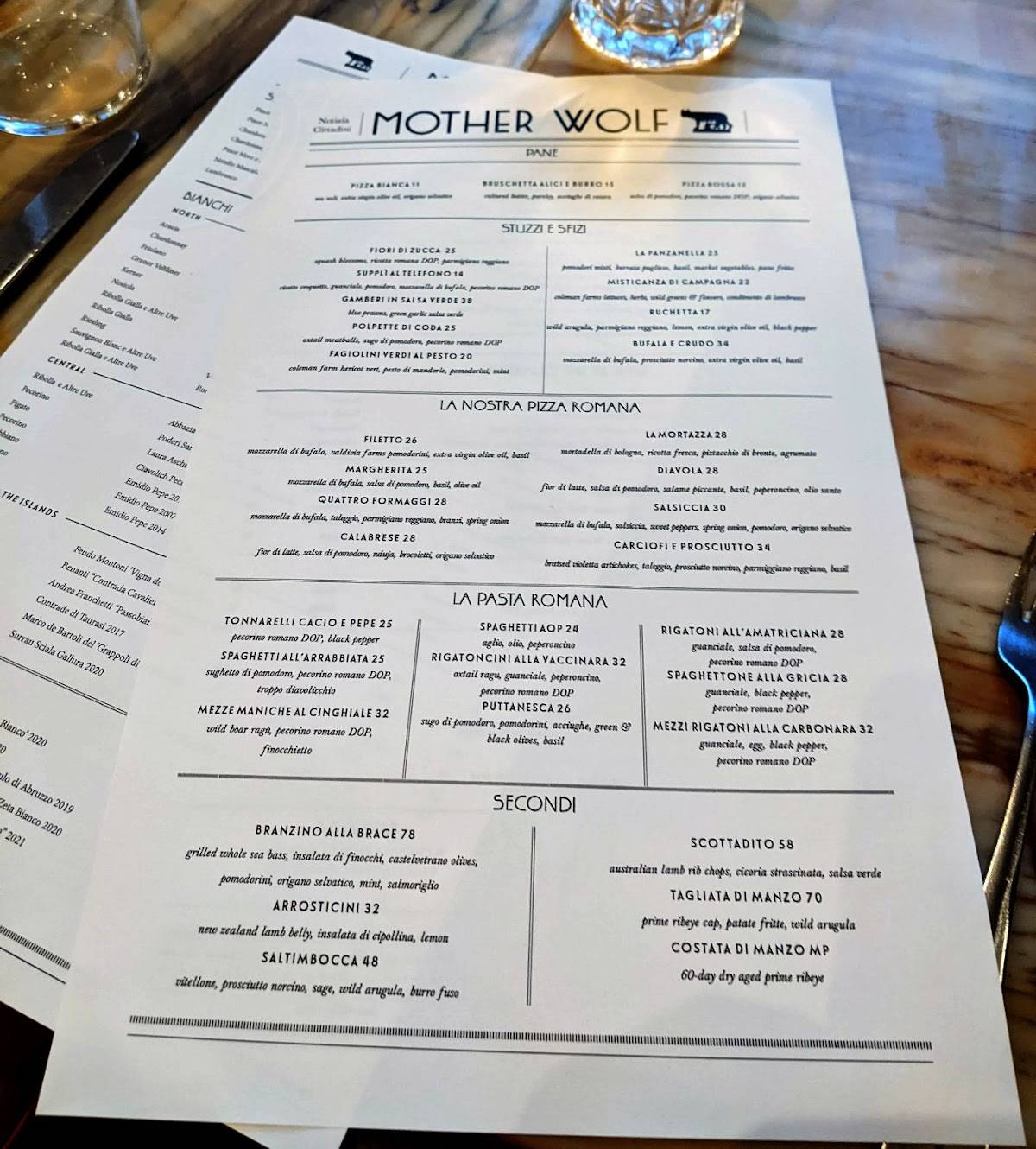 Menu at Mother Wolf restaurant, Los Angeles