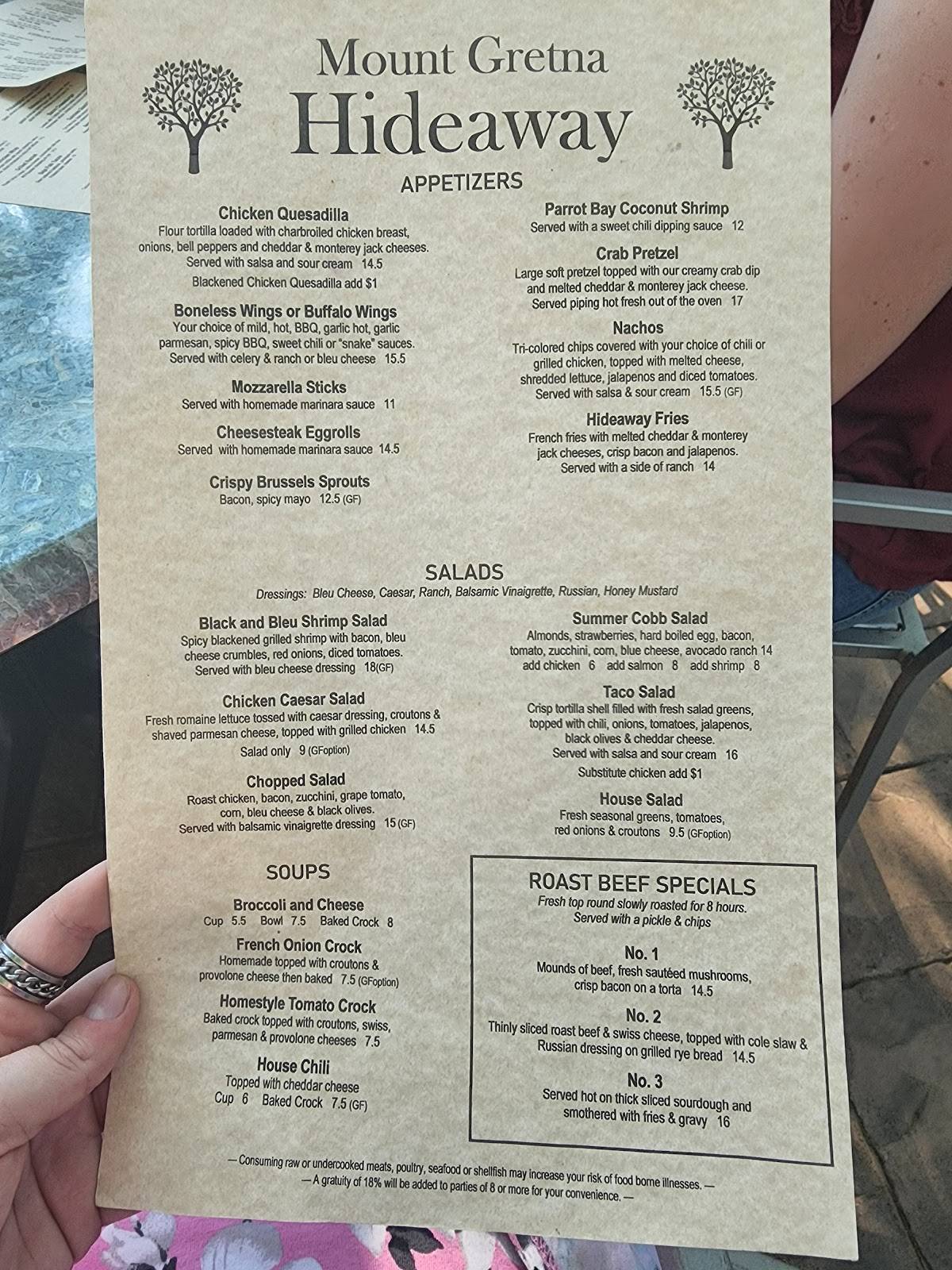 Menu at Mount Gretna Hideaway pub & bar, Mount Gretna