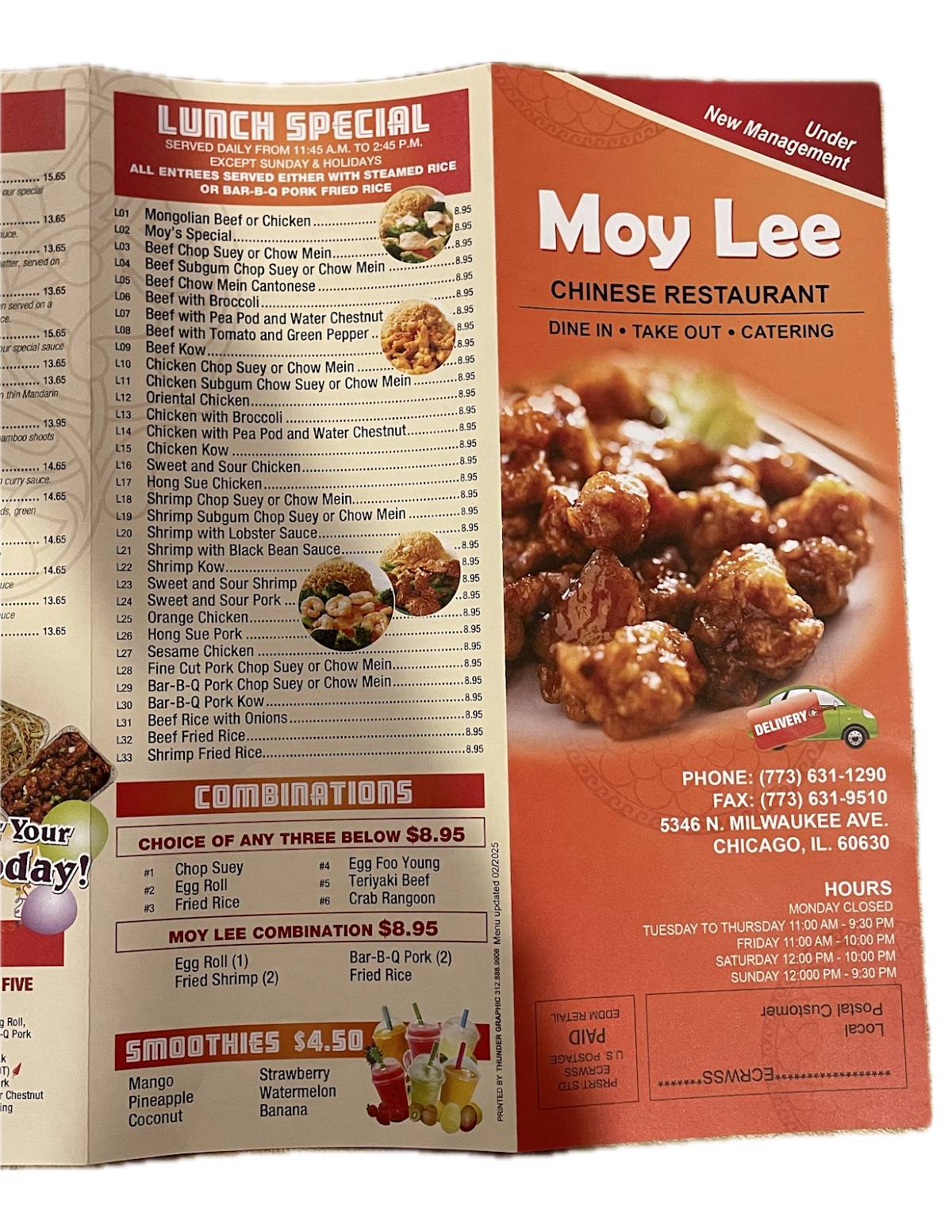 Menu at Moy Lee Chinese Restaurant, Chicago