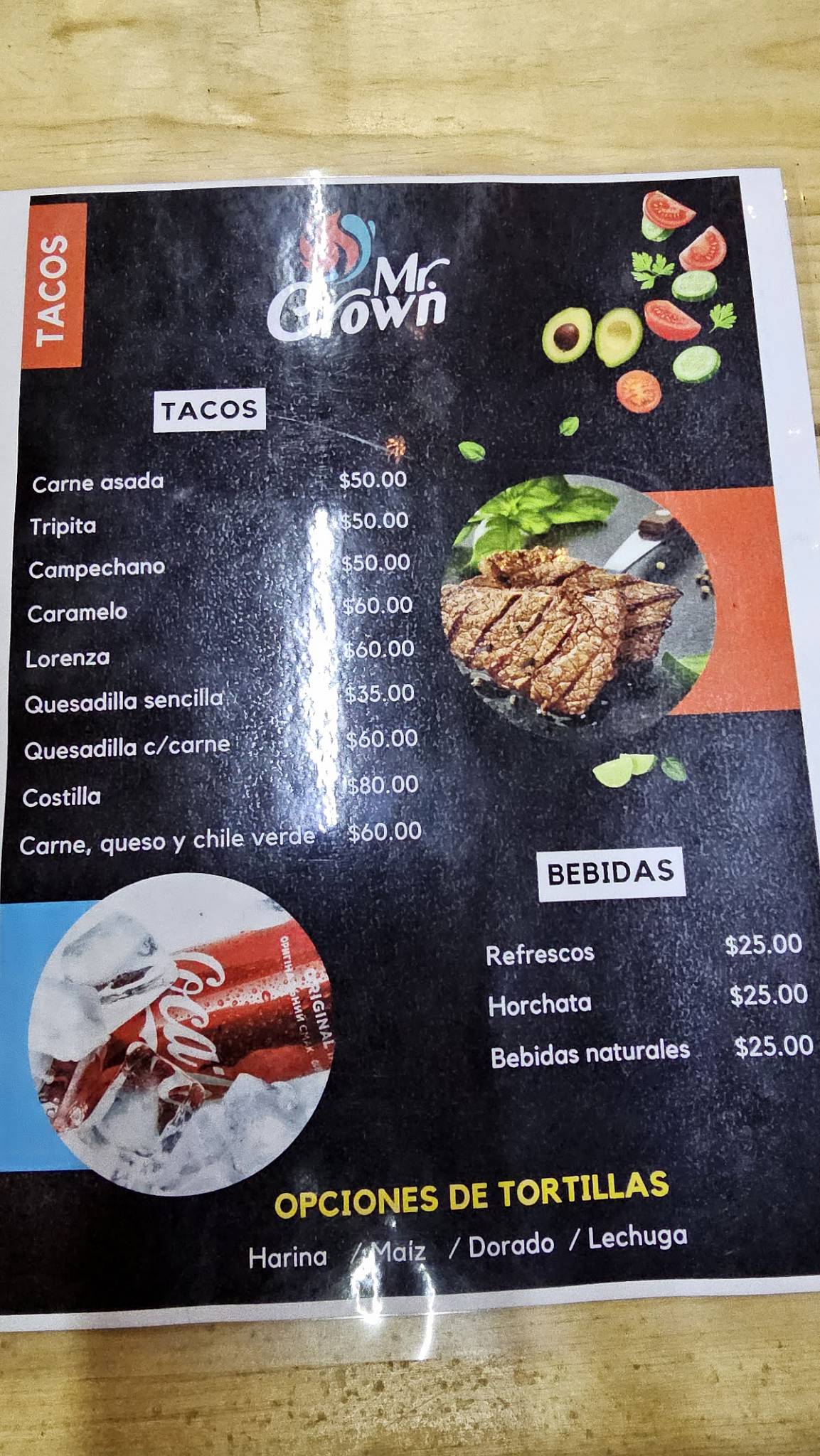 Menu at Mr. Crown, Tacos de Carne Asada restaurant, Hermosillo