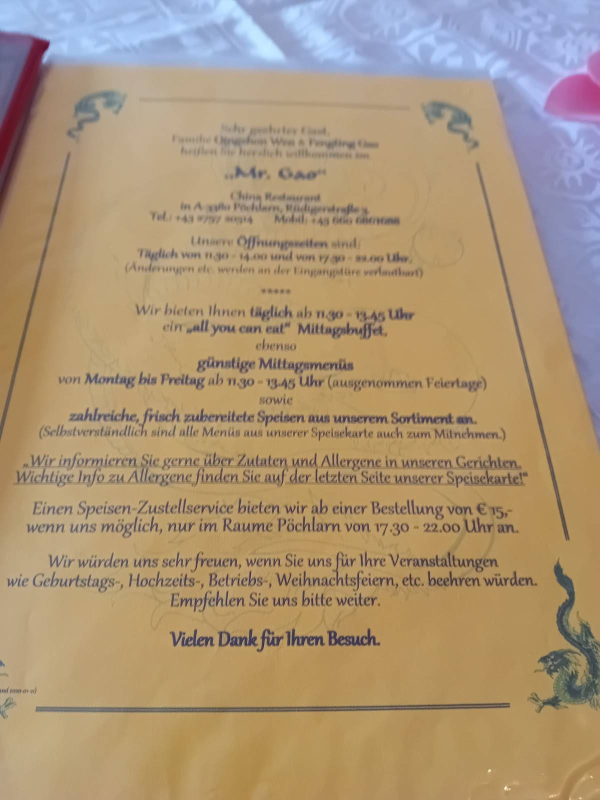 Speisekarte von Mr Gao restaurant, Pöchlarn