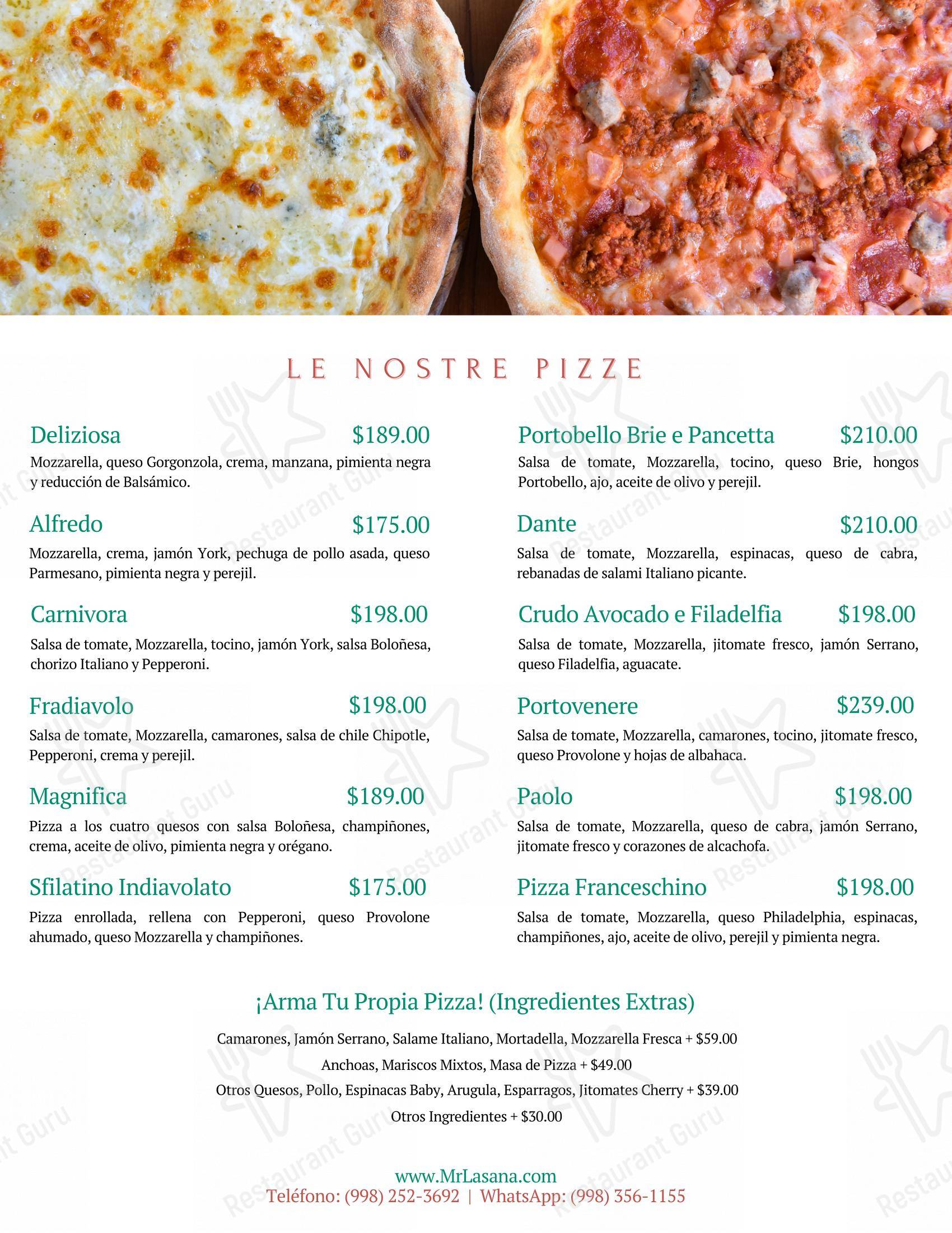 Carta de Mr.Lasaña Trattoria Pizzeria, Cancún, Avenida Luciernaga SM ...