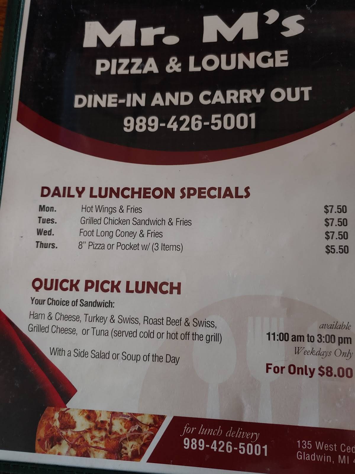 Menu at Mr M's Pizza & Lounge pizzeria, Gladwin