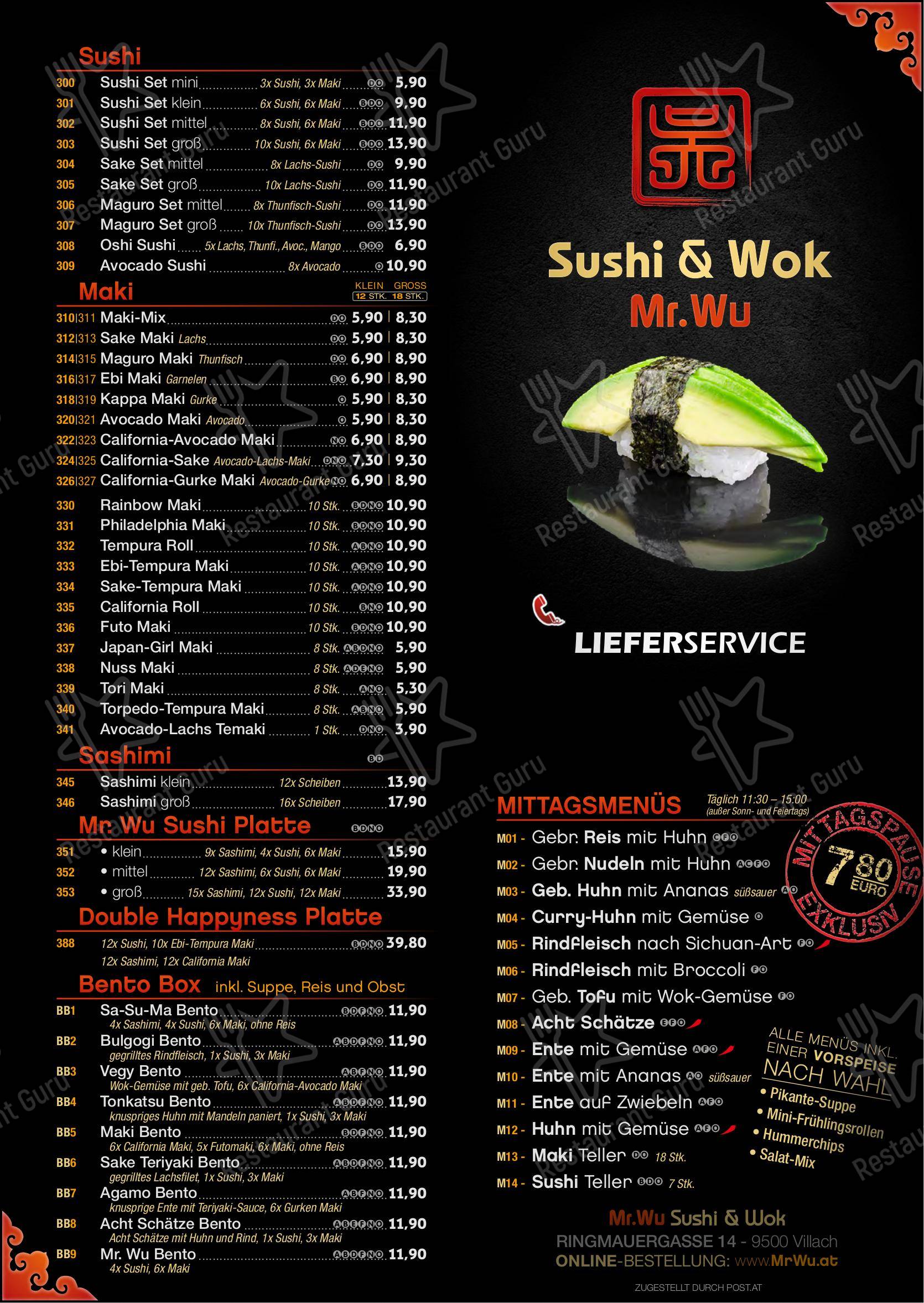 Speisekarte von Mr. Wu restaurant, Villach