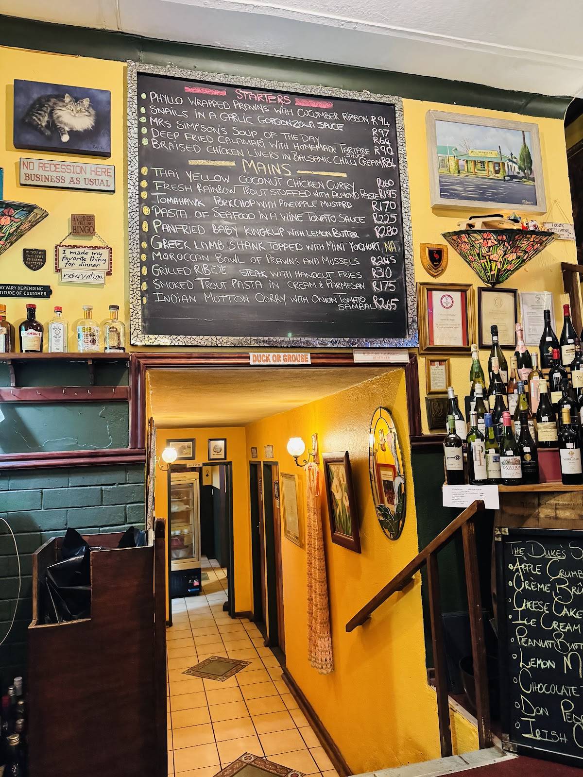 Menu at Mrs Simpsons Restaurant, Dullstroom