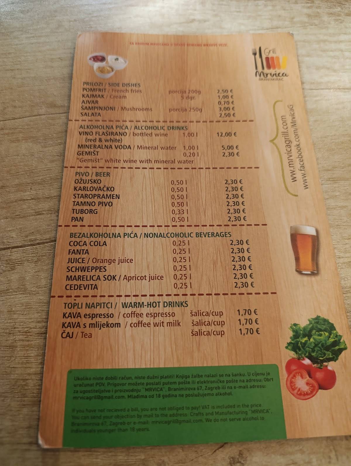 Menu at Mrvica Grill restaurant, Zagreb, Ul. kneza Branimira 67