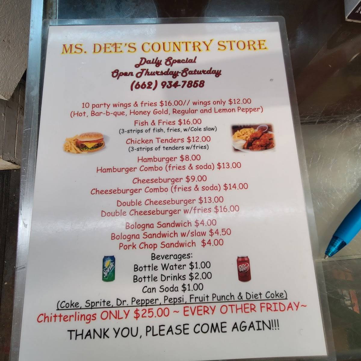Menu at Ms. Dee's Country Store restaurant, Batesville