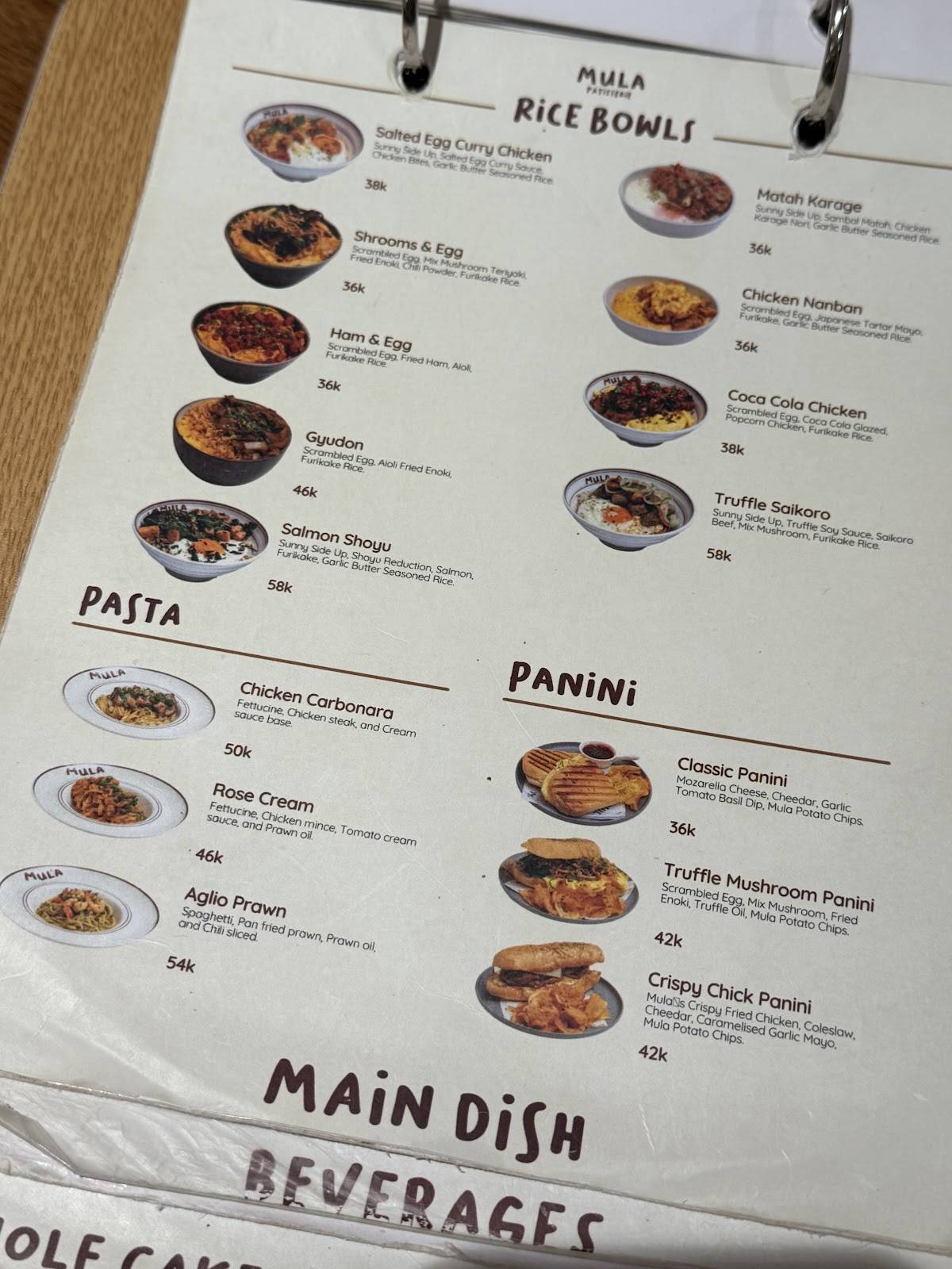 Menu at Mula Patisserie cafe, Batam