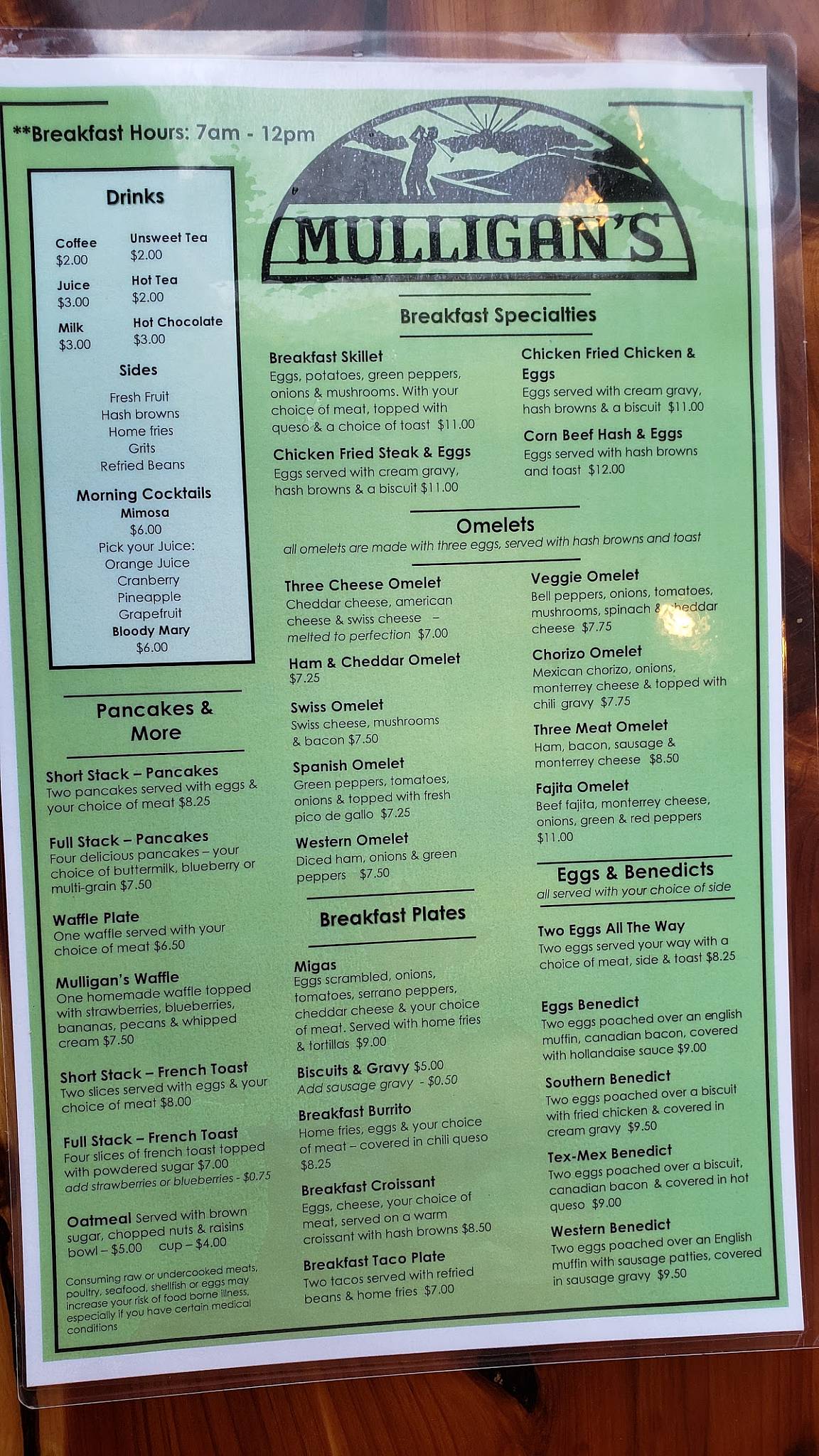 Menu at Mulligan’s restaurant, Georgetown
