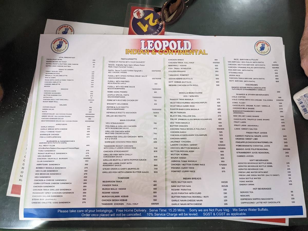 Menu at Leopold Cafe, Mumbai, Police Station