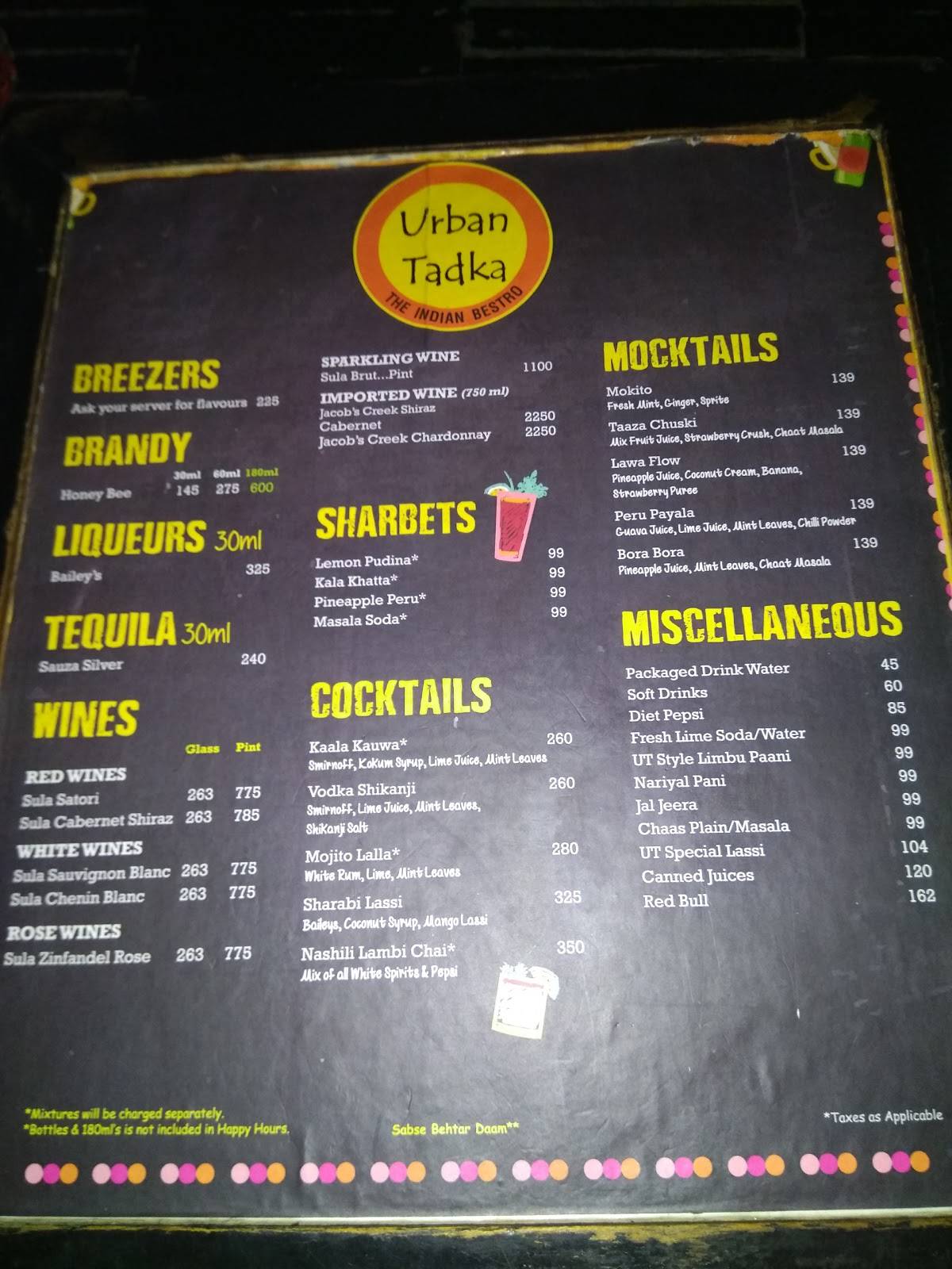Menu at Urban Tadka Versova, Mumbai, Bon Bon Lane