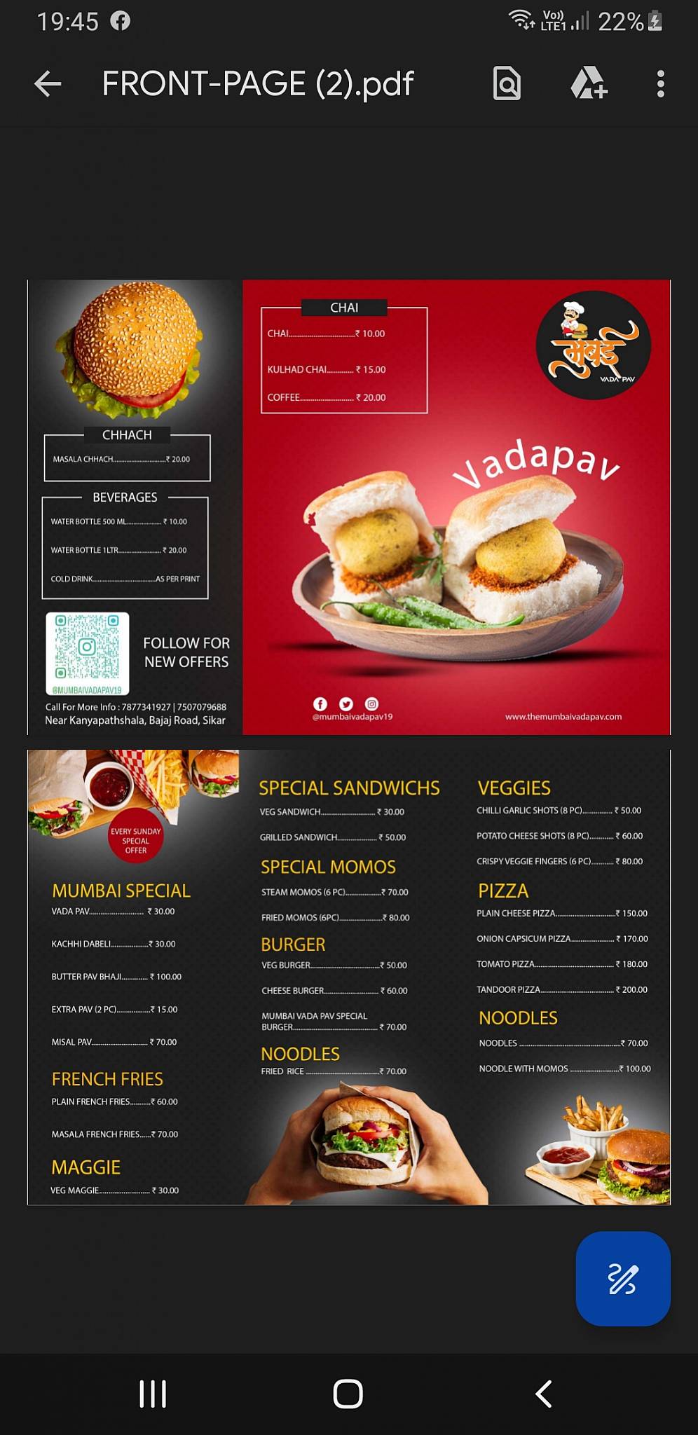 Menu at Mumbai Vada Pav, Sikar